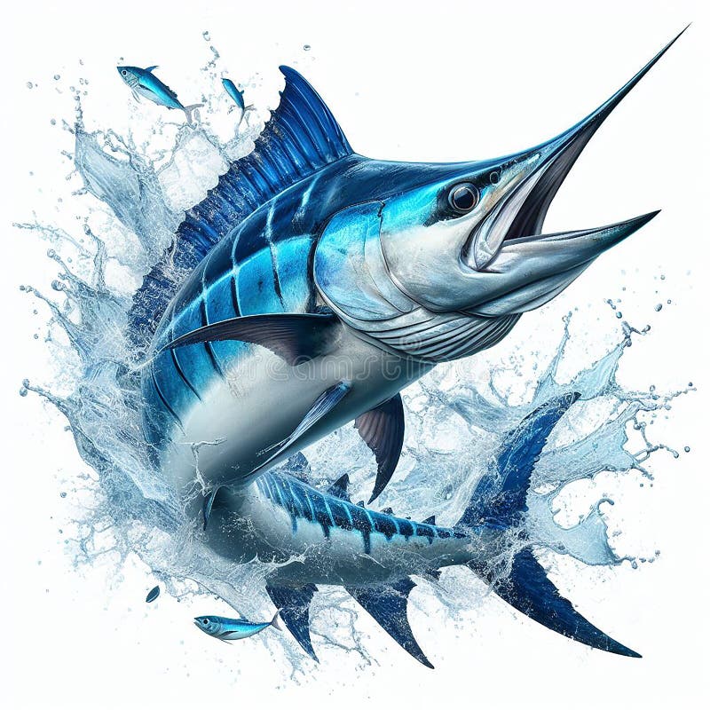 A Large Blue Marlin Surrounded by Water Splashes and Smaller Fish. the ...
