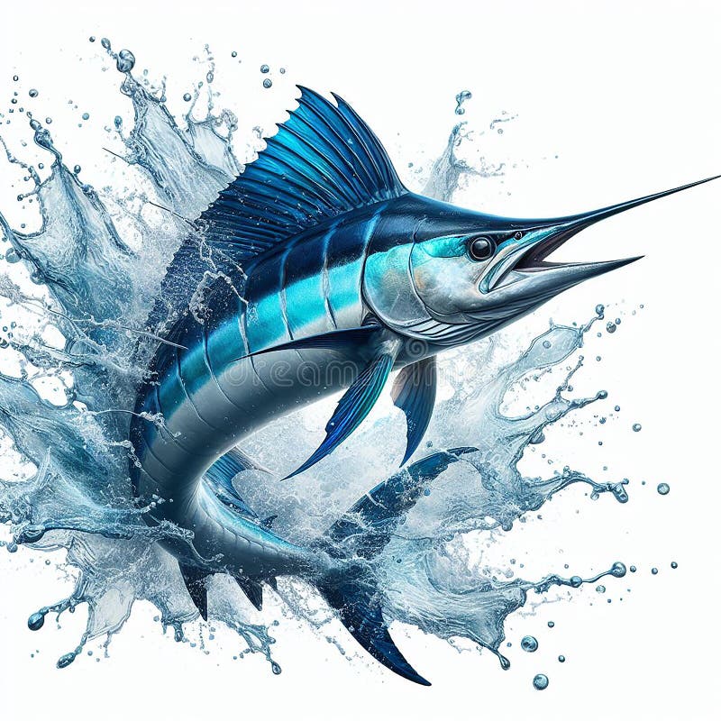 A Large Blue Marlin Surrounded by Water Splashes and Smaller Fish. the ...
