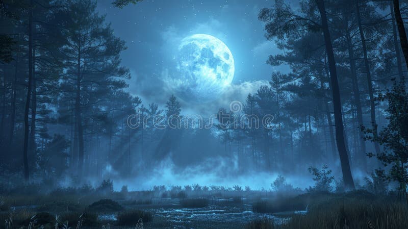 A Large, Blue Moon Hangs Over a Misty Forest at Night, Casting an ...