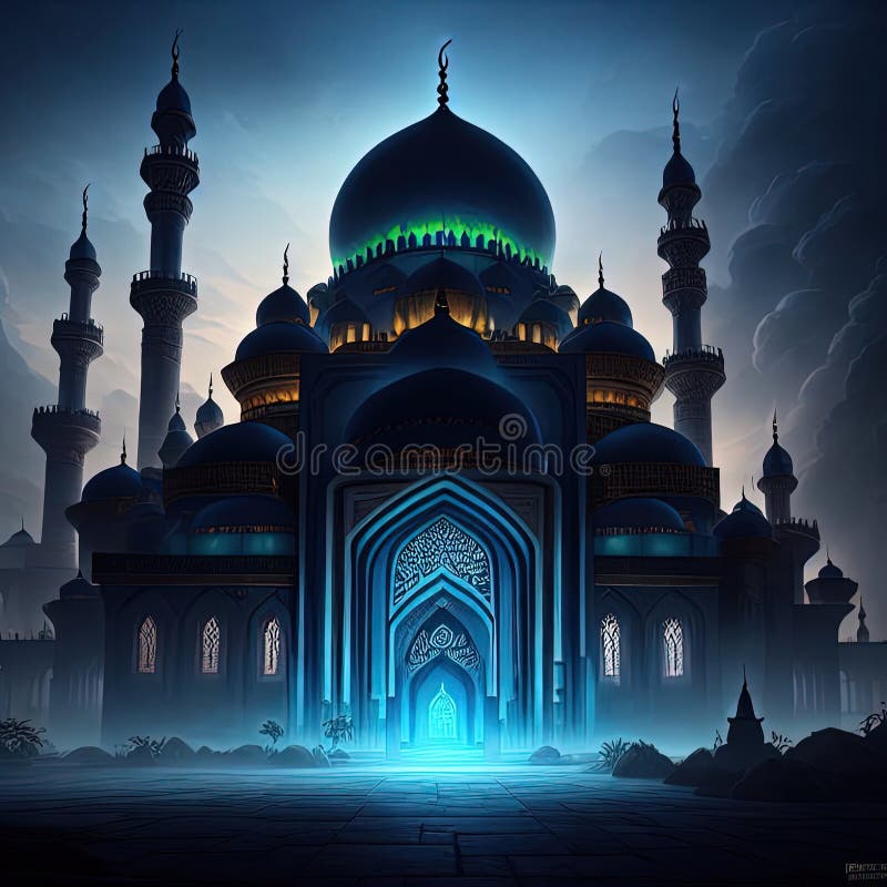 A Large Blue Mosque with a Green Dome and a Green Light Stock ...