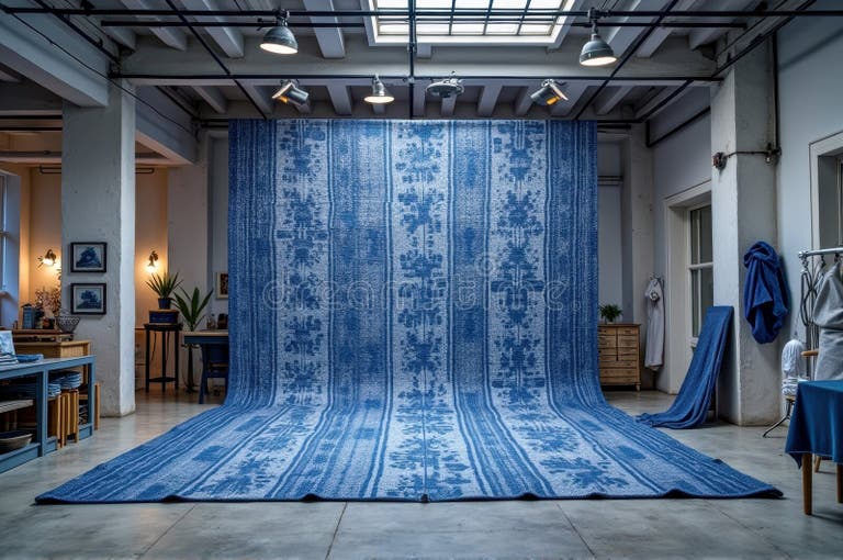 Large Blue Patterned Rug in Industrial Loft with Natural Lighting Stock ...