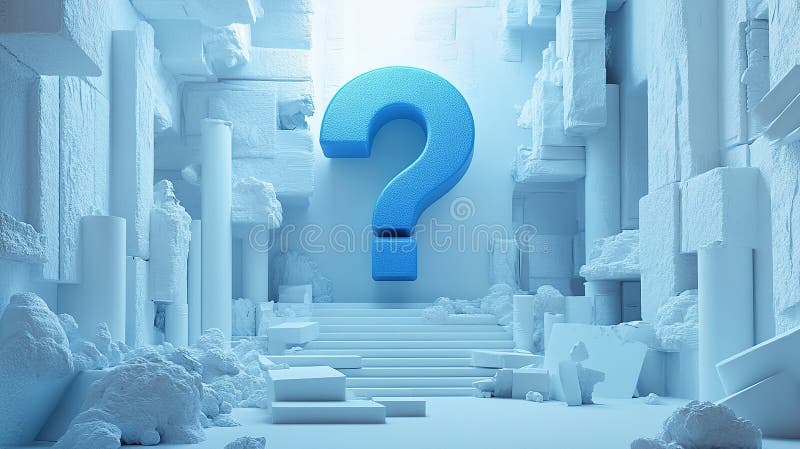 A Large Blue Question Mark Stands on Steps in a White, Abstract, 3D ...
