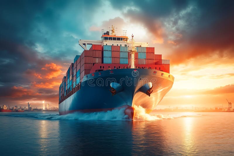 A Large Container Ship Sailing in the Ocean at Sunset Stock Image ...