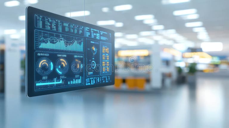 Large Blue Screen Monitor Displaying Graphs for Data Analysis and ...