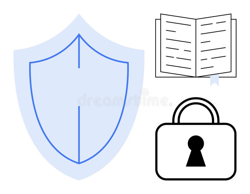 Shield, Lock, and Open Book Emphasizing Protection, Security, and ...