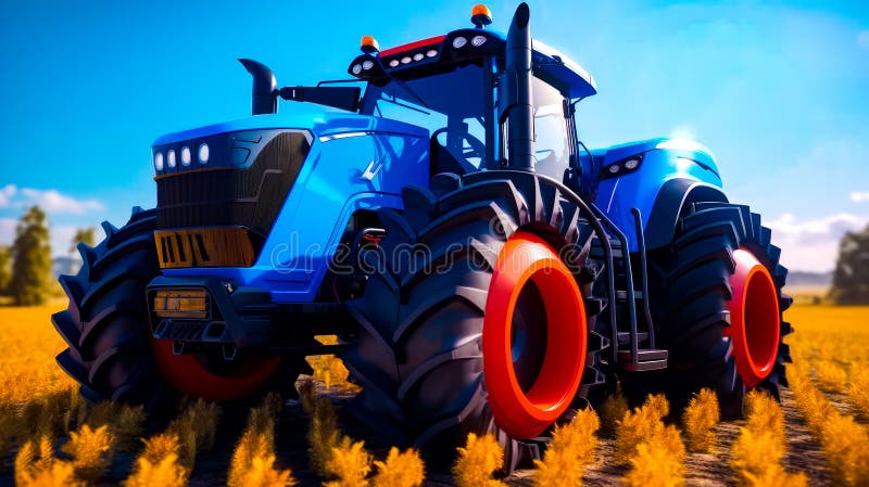 Large Blue Tractor in the Middle of Field with Sky Background ...