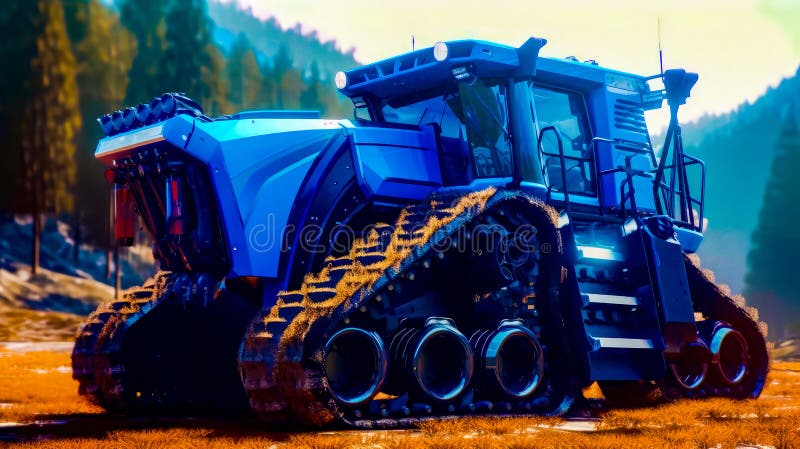 Large Blue Tractor Parked in Field Next To Forest of Trees. Generative ...