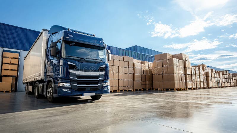 Large Blue Truck Unloading Cargo at a Distribution Center during ...