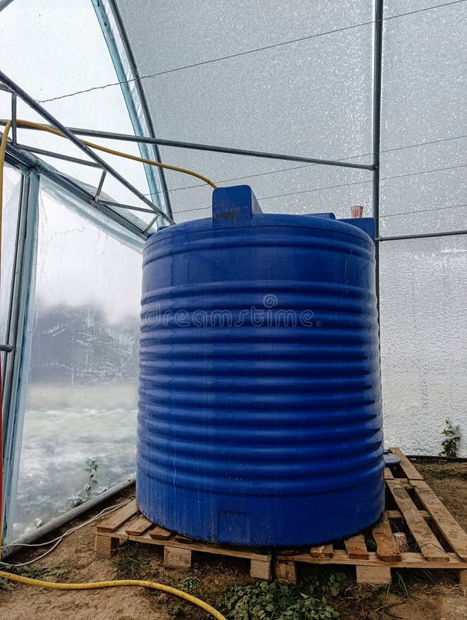 A Large Blue Water Tank Sitting Inside of a Greenhouse Stock Photo ...