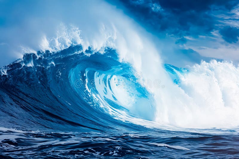 A Large Blue Wave Breaking in the Middle of the Ocean. Generative AI ...