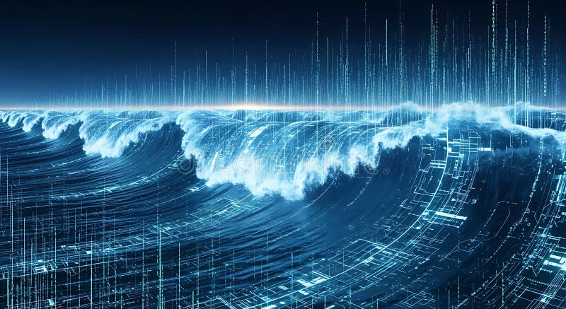 Digital Ocean Wave with Binary Code and Circuitry Patterns Technology Stock Illustration ...