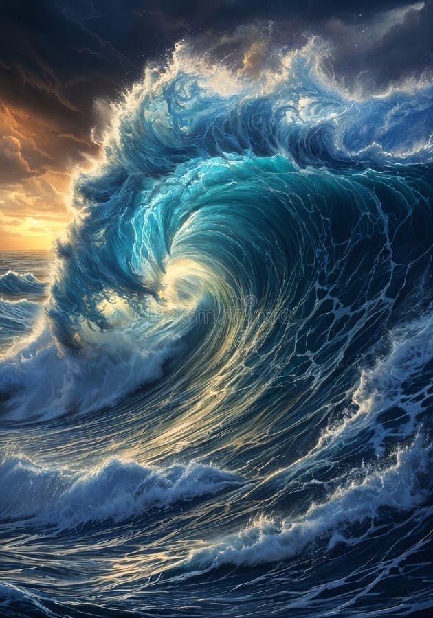 A large blue wave stock illustration. Illustration of sunset - 324668574