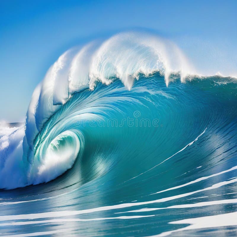 A Large Blue Wave in the Ocean with a Sky Background Stock Image ...