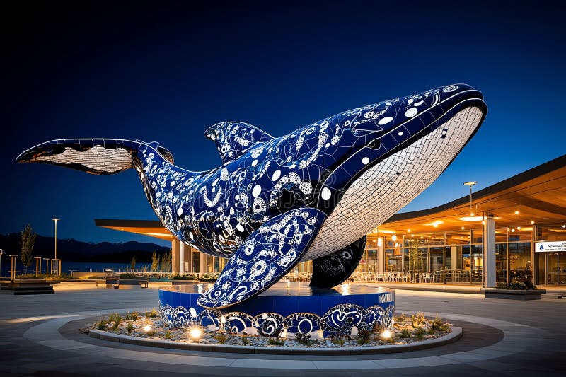 A Large, Blue Whale Sculpture with Intricate Patterns Stands in Front ...