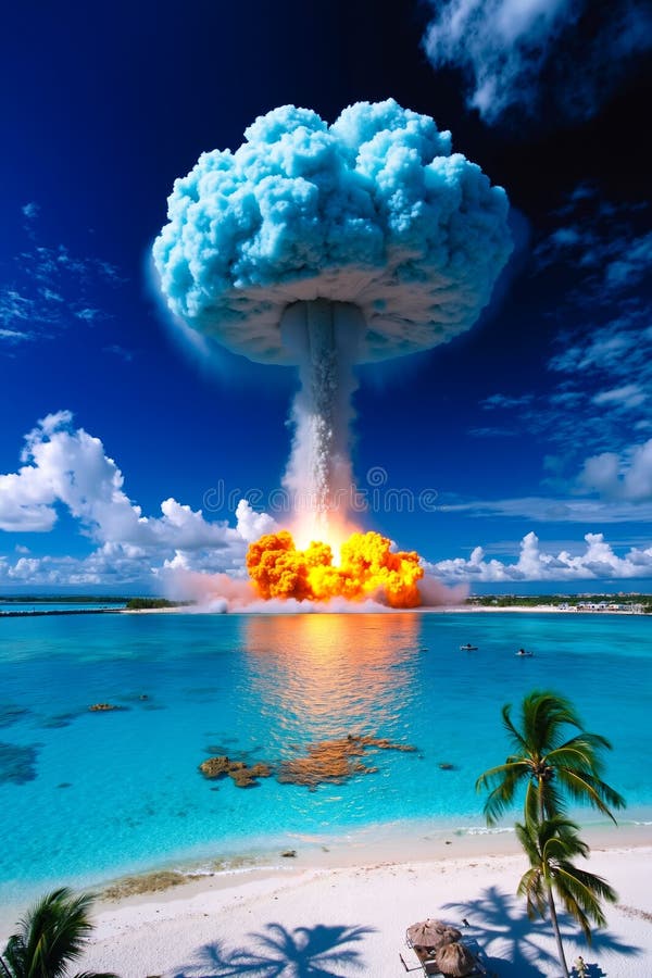A Nuclear Explosion on a Beach with Palm Trees in the Foreground Stock ...
