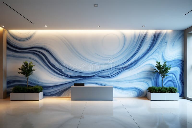 A Large Blue and White Wall with a Blue Wave Pattern Stock Photo ...