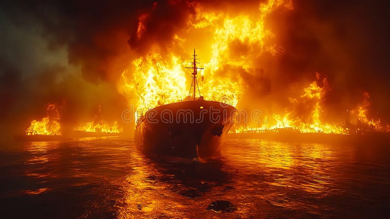 A Large Boat is Engulfed by Flames in the Ocean Stock Photo - Image of ...