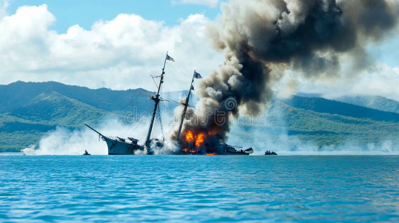 A Large Boat on Fire in the Ocean with Smoke Coming Out of it Stock ...