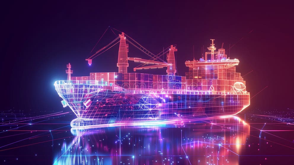 Large Boat Floating on Water, Holographic Wireframe Digital ...