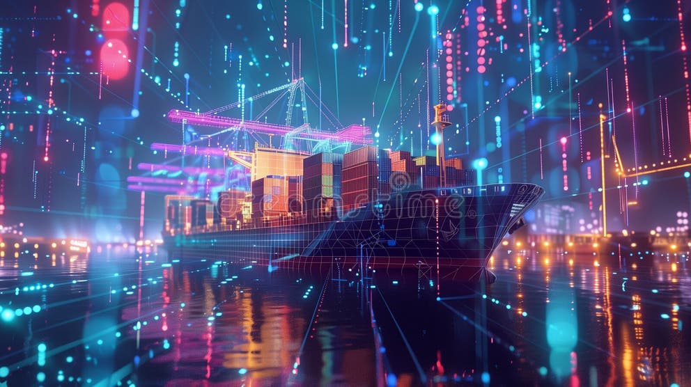 Large Boat Floating on Water, Holographic Wireframe Digital ...