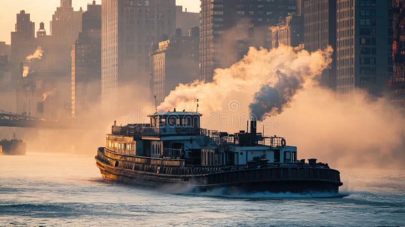 A Large Boat Navigates the River beside Urban Structures Stock Image ...
