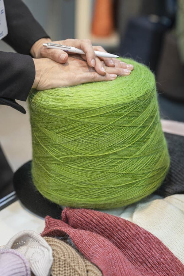 Large Bobbin of Woolen Threads Under Hands of Production Worker Close ...