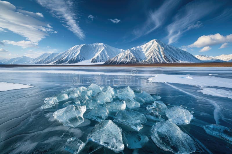 A Large Body of Water is Covered in Ice, with a Mountain Range in the ...
