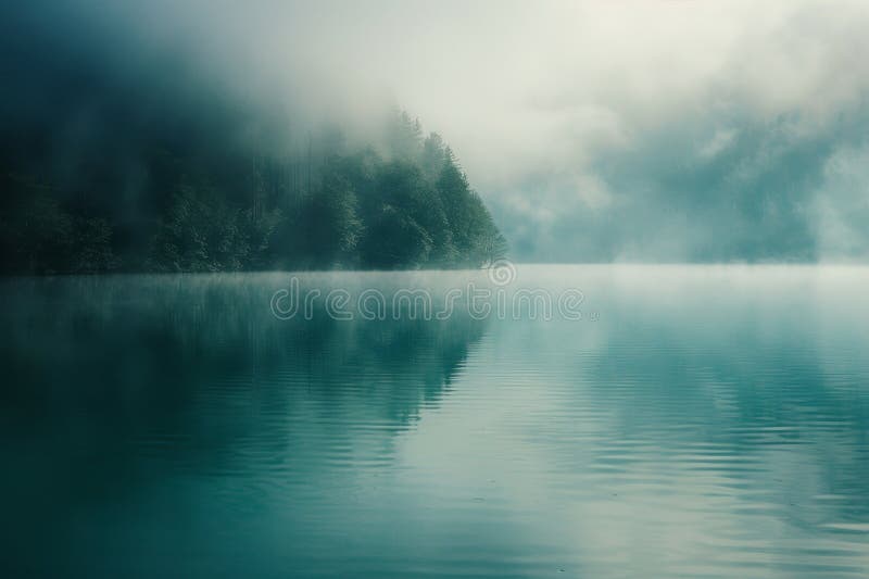 A Large Body of Water Surrounded by Dense Forest, with Mist Dancing ...