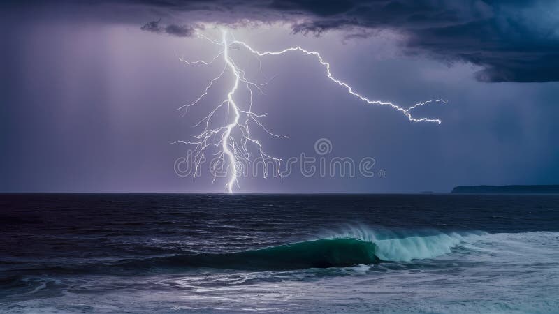 A Large Bolt of Lightning Strikes the Ocean, Creating a Dramatic Stock ...
