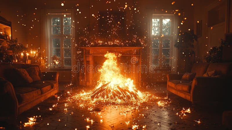 Large Bonfire Burning Brightly in a Living Room with Sofas and Windows ...