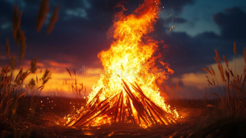 A Large Bonfire Burning in a Field at Sunset Stock Illustration ...