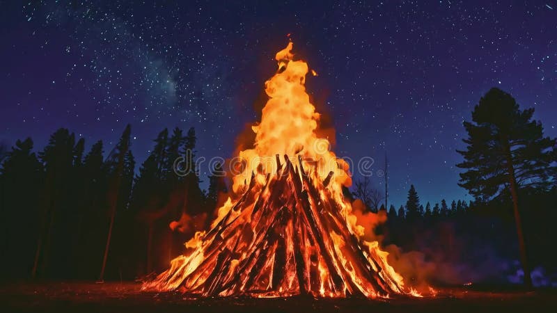 A Large Bonfire Burns Brightly Against a Backdrop of a Starry Night Sky ...