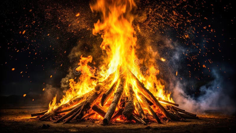 A Large Bonfire Burns Brightly at Night, Embers Flying into the ...