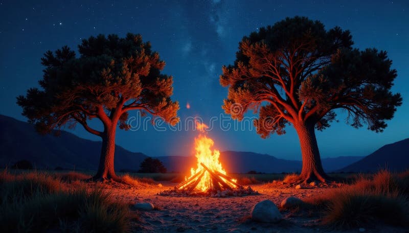 Large Bonfire Casts Dancing Shadows on Ancient Trees Under Starlit ...
