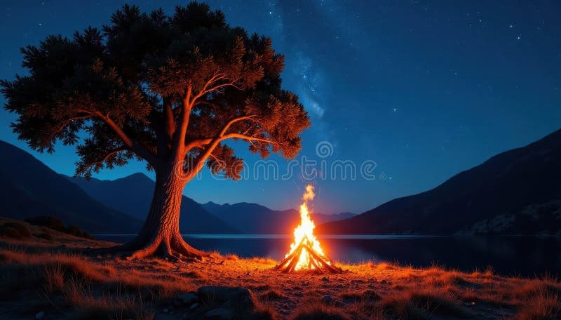 Large Bonfire Casts Dancing Shadows on Ancient Trees Under Starlit ...