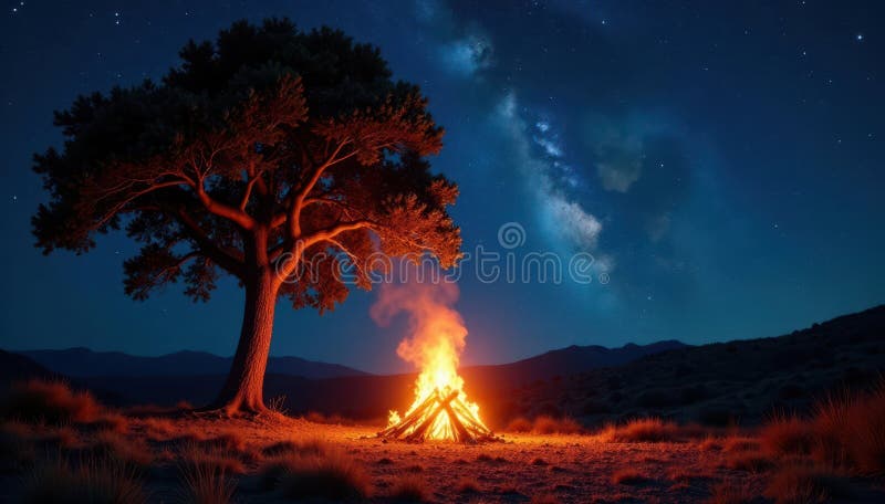 Large Bonfire Casts Dancing Shadows on Ancient Trees Under Starlit ...