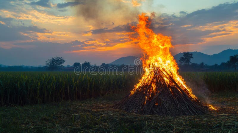 Large Bonfire in a Field at Sunset Stock Illustration - Illustration of ...