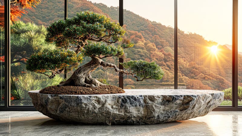 Large Bonsai Tree Sits on a Rock in Front of a Window Stock Image ...