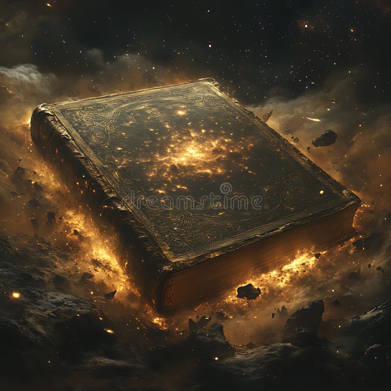 A Large Book Floats in the Starlit Dark Sky Stock Illustration ...
