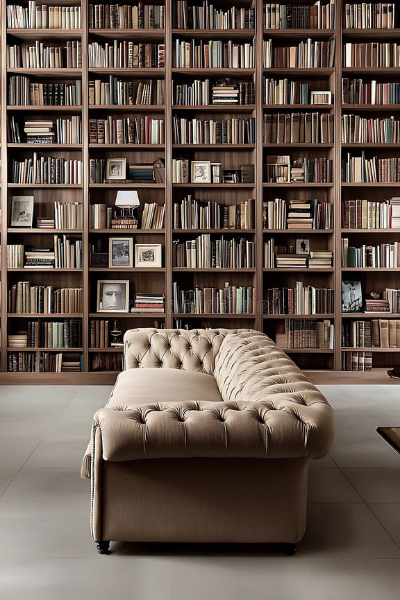 Large Bookcase Filled with Books and a Couch in the Middle of it Stock ...