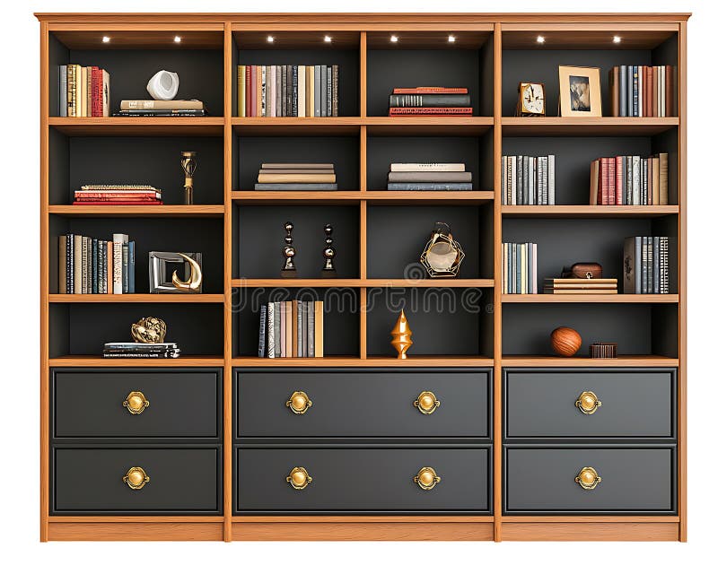 A Large Bookcase with Many Books and a Clock on Top Stock Image - Image ...