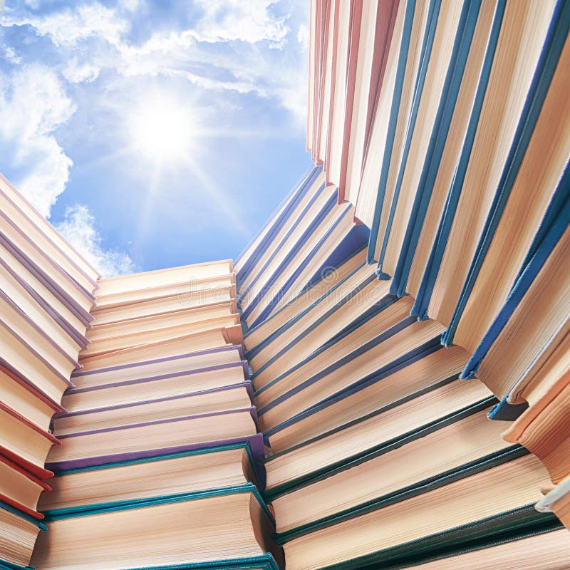 Large Books Pile and Bright Sky and Sun Above it Stock Photo - Image of ...