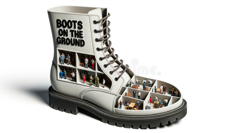 Large Boot with Miniature Scenes Inside Boots on the Ground Reflecting ...