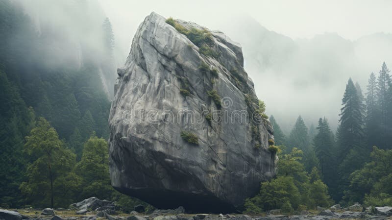 A Large Boulder in a Misty Forest Setting Surrounded by Green Trees ...