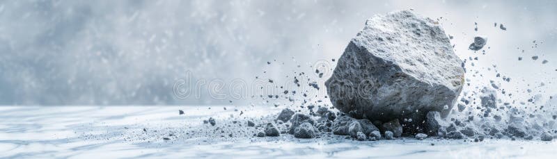 Large Boulder Rolling Over Icy Surface Causing Snow and Ice To Scatter, Creating a Powerful ...