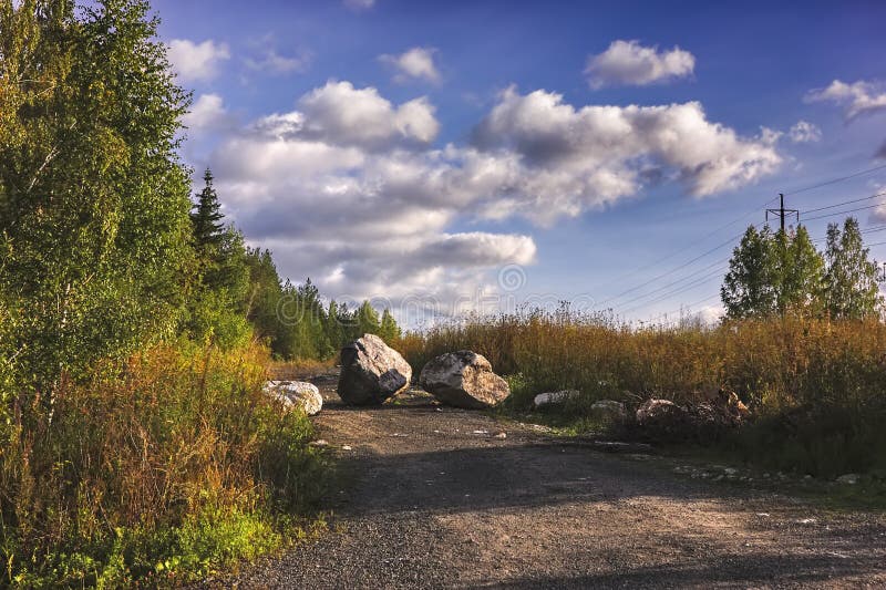 Large Boulder Stones Block the Forest Road Summer Landscape Stock Image ...