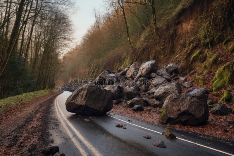 Large Boulders and Mud Covering Road after Landslide Stock Illustration ...