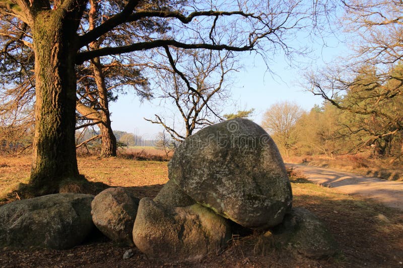 Natural Landscape with Large Stone Under Tree Stock Photo - Image of ...