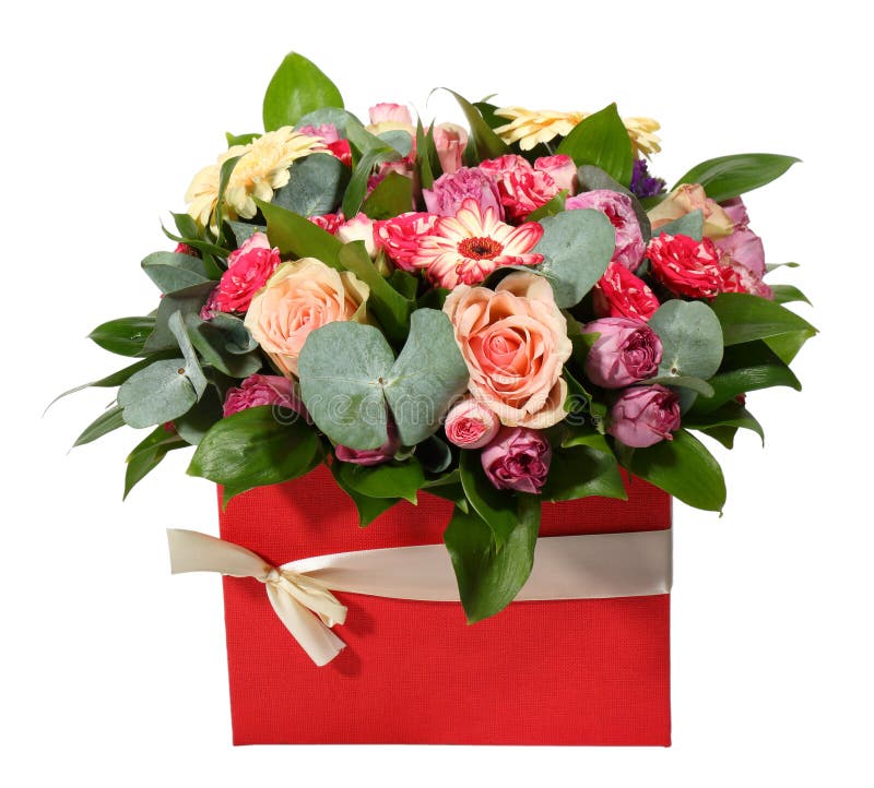 Bouquet of Flowers in a Red Box with Ribbon. Front View Stock Photo ...