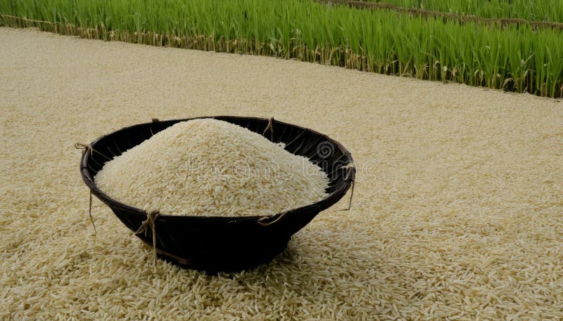 A Large Bowl Filled with Rice on a Field Stock Illustration ...